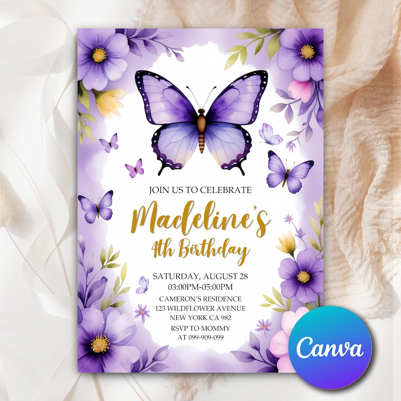 Butterfly Birthday Party Invitation, Editable Purple Butterfly ...