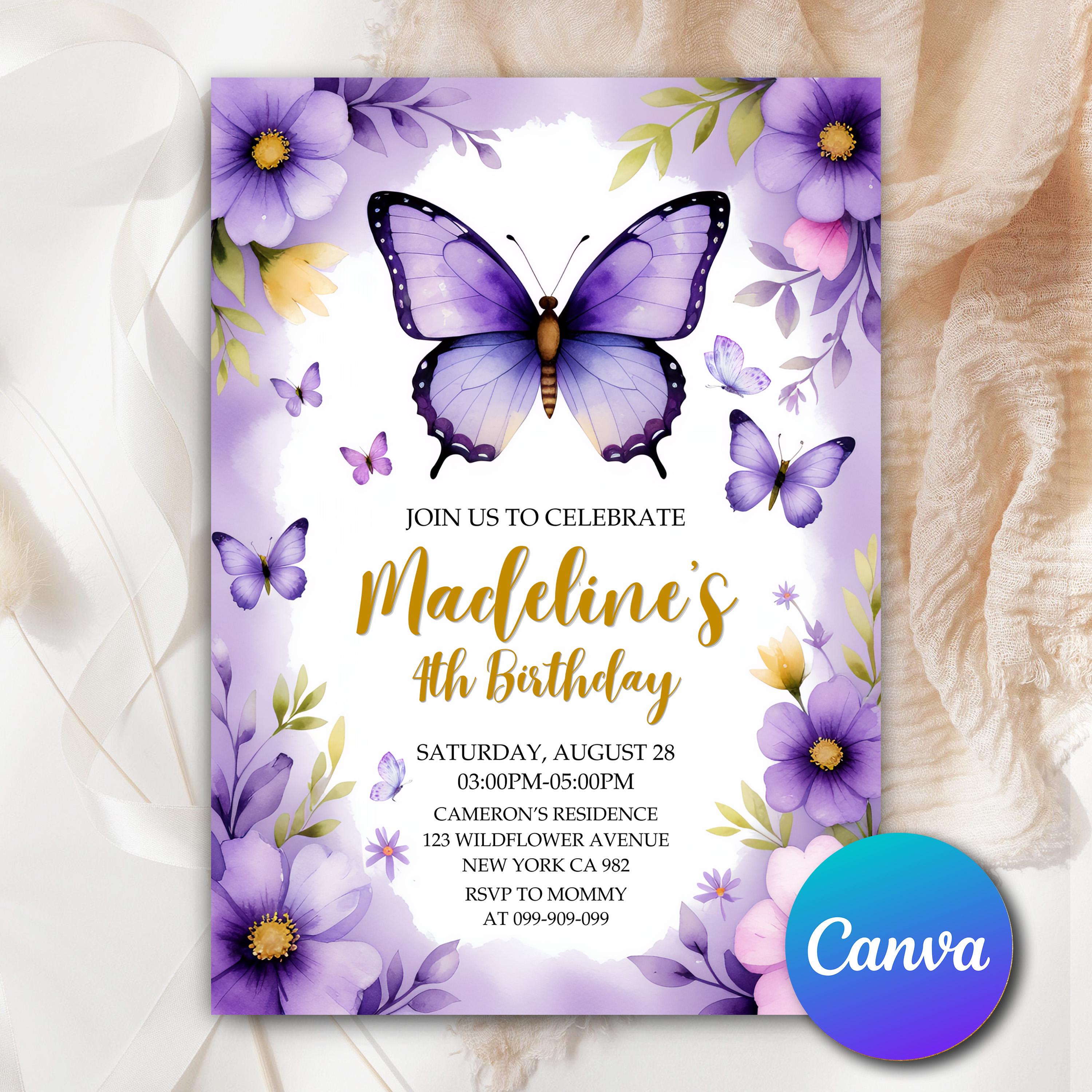 Butterfly Birthday Party Invitation, Editable Purple Butterfly ...