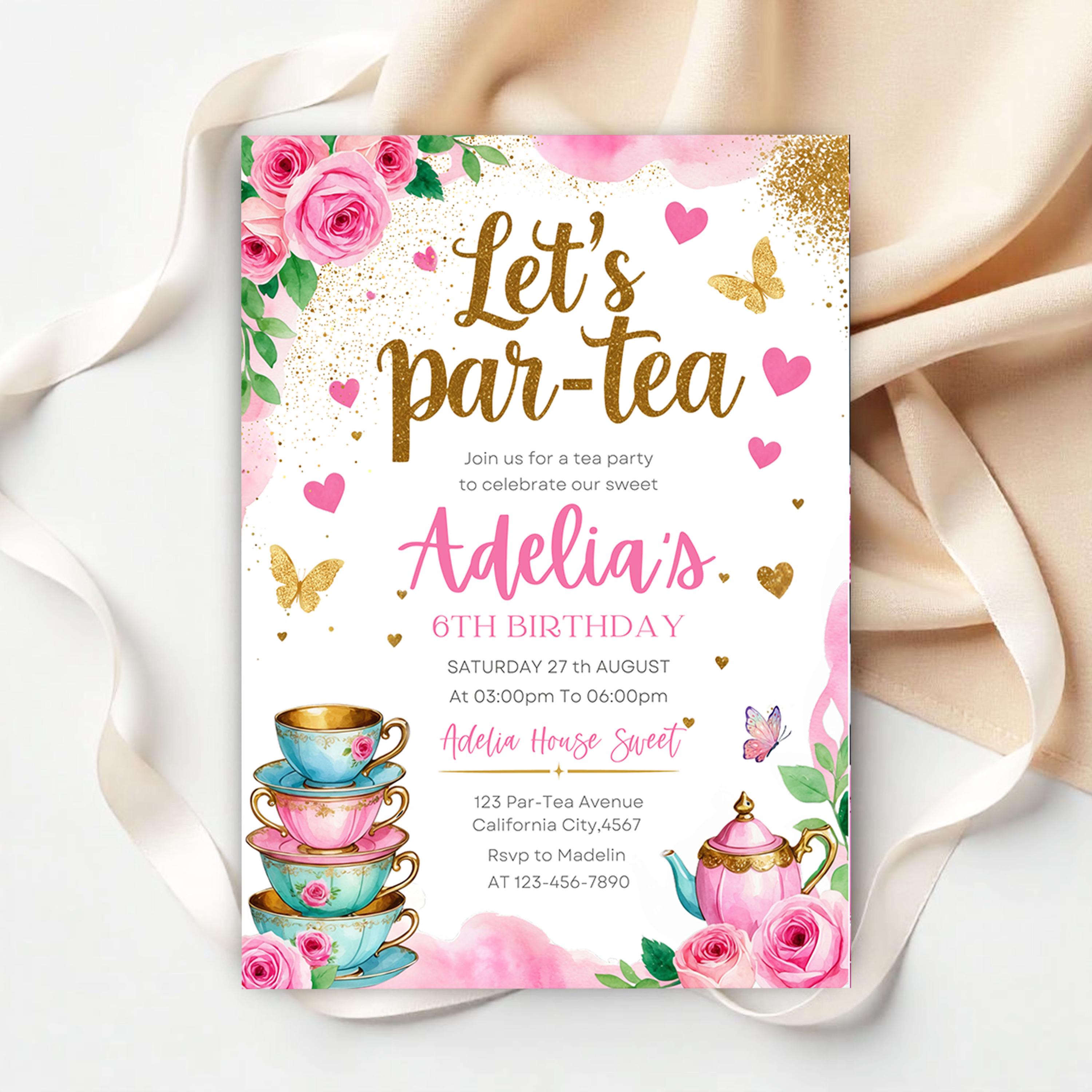 Pink Tea Party Birthday Invitation, Digital Pink and Gold Party Tea ...