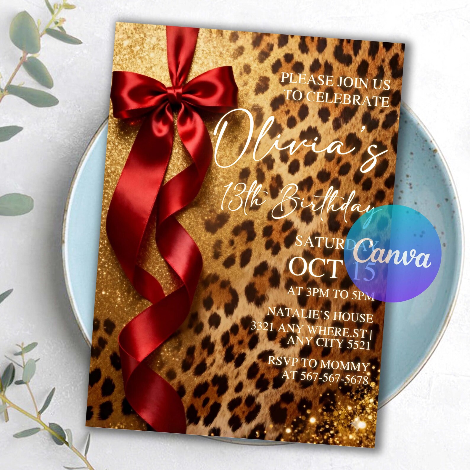 Cheetah Print Birthday Invitation, Neon Pink Red Leopard Invite, Red ...
