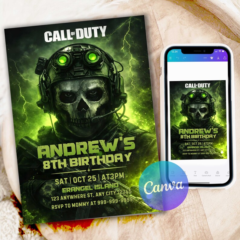 Military Tactical Birthday Invitation Template, Editable Canva FPS Game ...