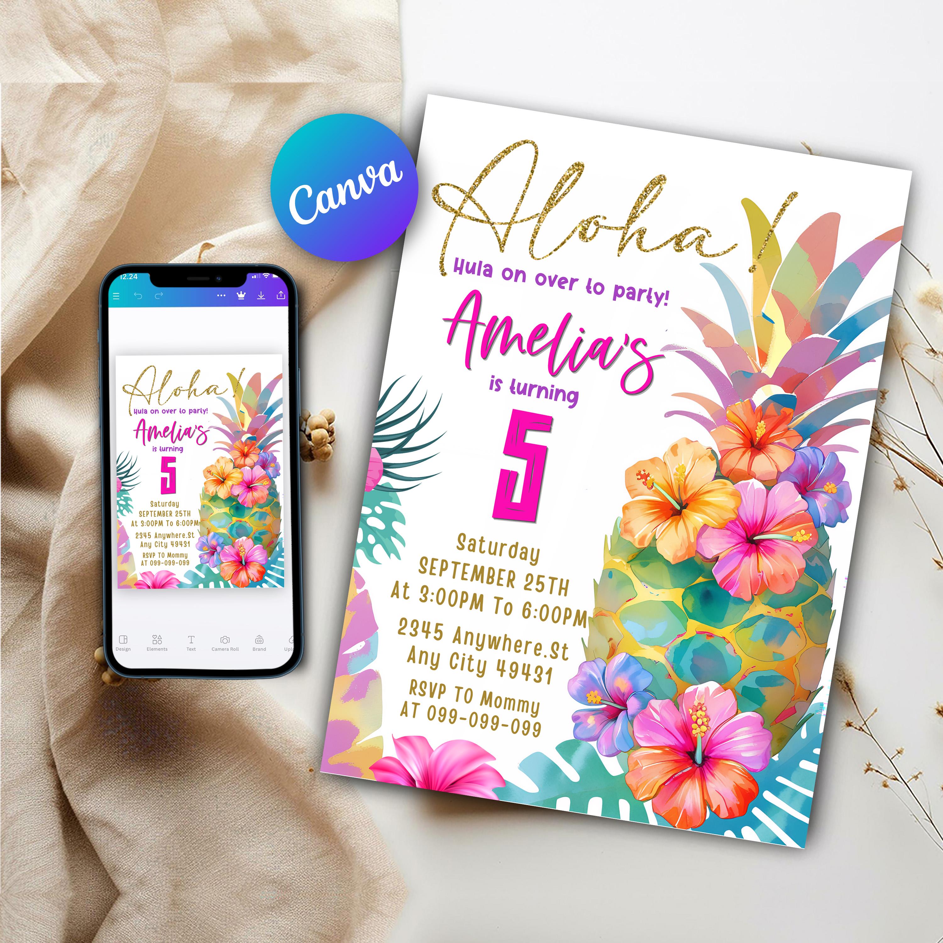 Pineapple Girl Tropical Hawaiian Aloha Birthday Invite Editable ANY AGE ...