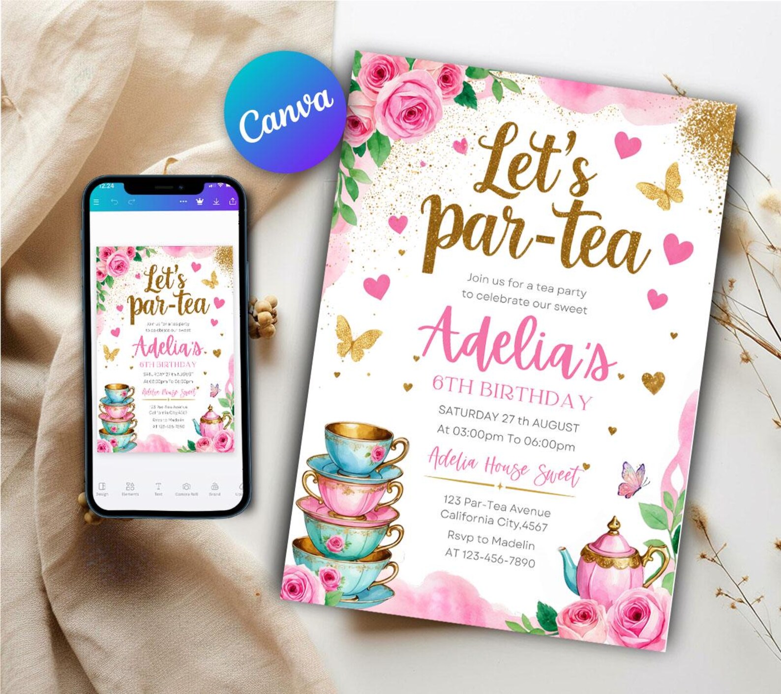 Pink Tea Party Birthday Invitation, Digital Pink and Gold Party Tea ...