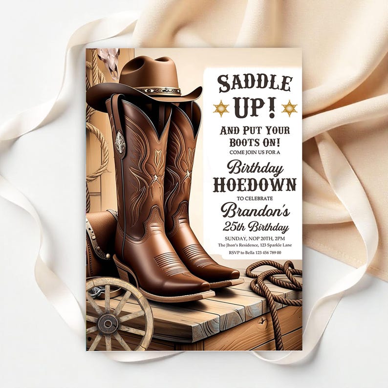 Western Hoedown Birthday Party Invitation, Printable Cowboy Birthday Invite, Saddle up and Put ...