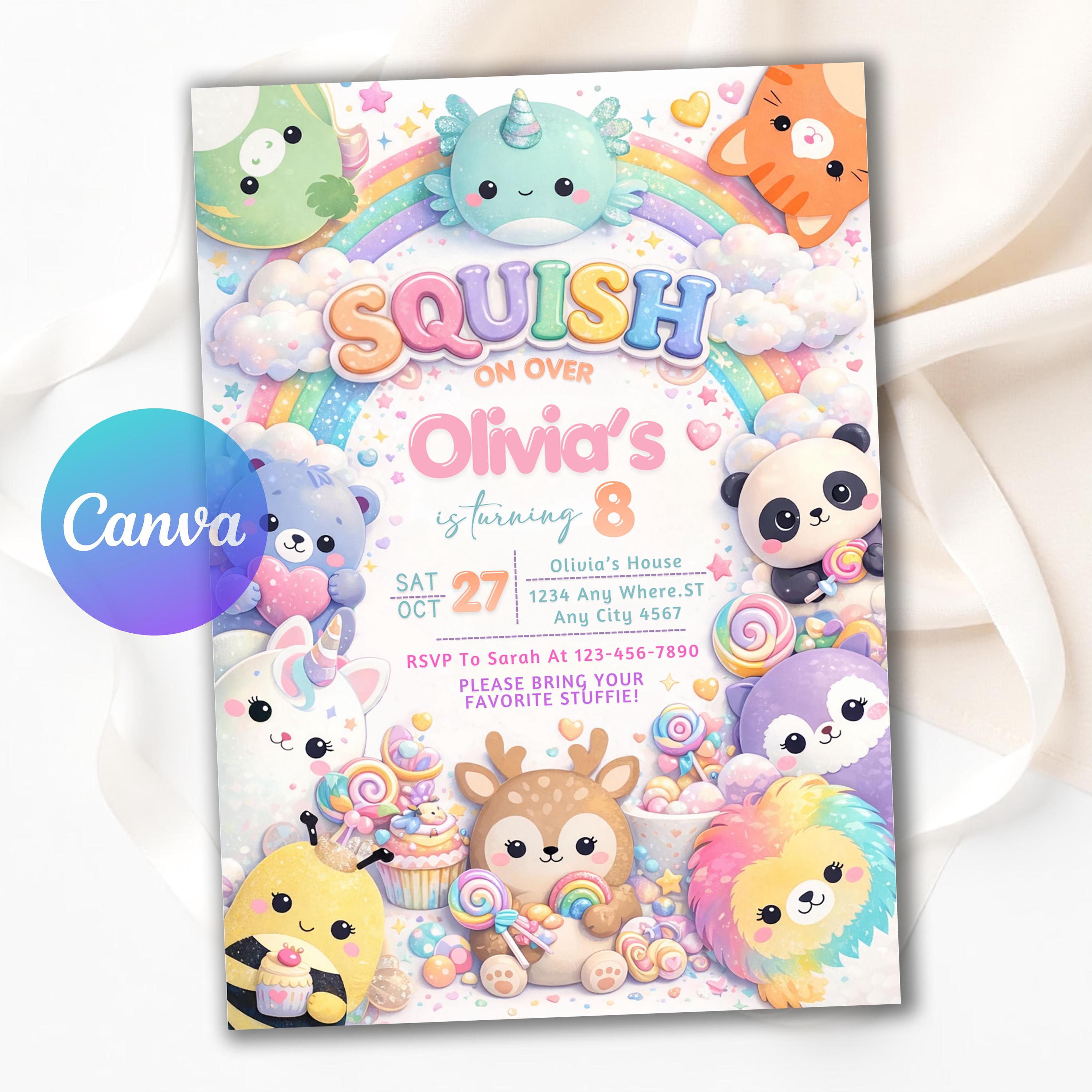 Squishmallow Birthday Invitation Template | Cute Pastel Kawaii Party ...