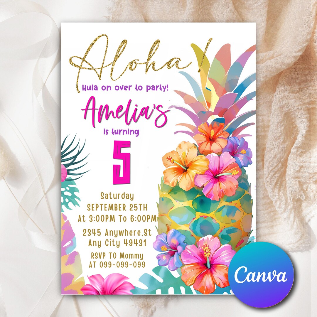 Pineapple Girl Tropical Hawaiian Aloha Birthday Invite Editable ANY AGE Hula on Over Pineapple ...