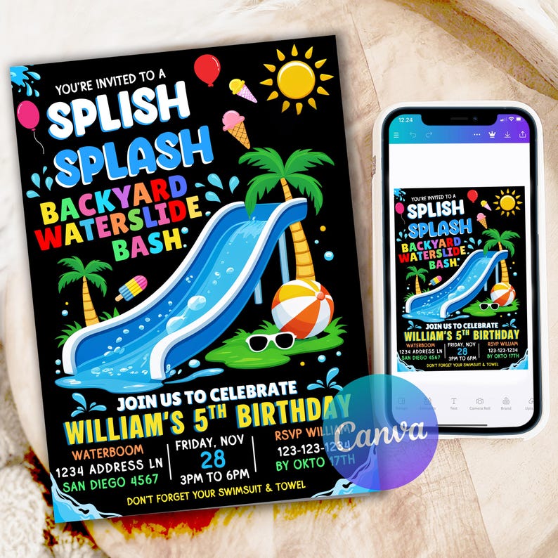 Water Slide Invitation, Water Slide Bash, Boy Girl Splash Party Invite ...