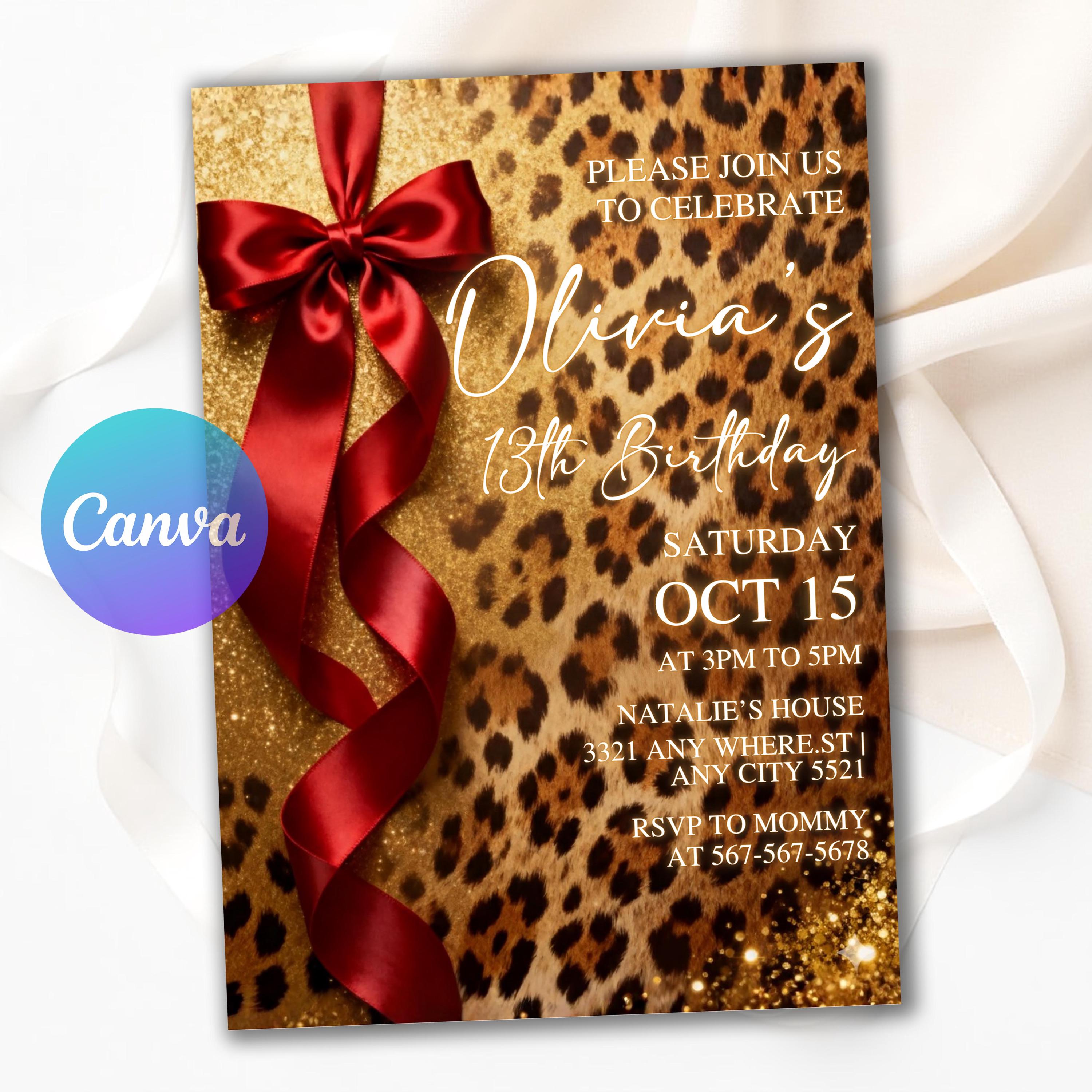 Cheetah Print Birthday Invitation, Neon Pink Red Leopard Invite, Red ...