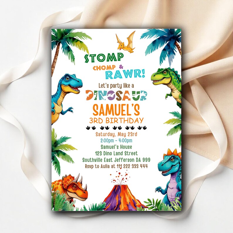 Dinosaur Birthday Party Invitation Template, Dinosaur Theme Invitation ...