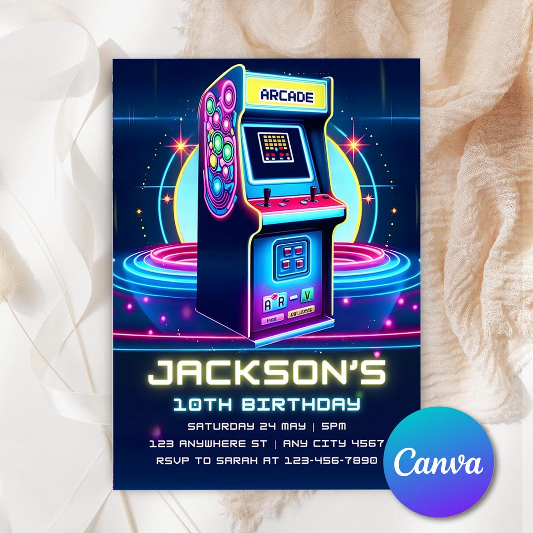 Arcade Birthday Party Invitation Template, Arcade Invitation, Neon Glow ...