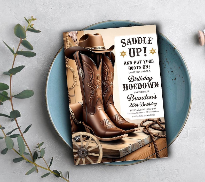 Western Hoedown Birthday Party Invitation, Printable Cowboy Birthday Invite, Saddle up and Put ...