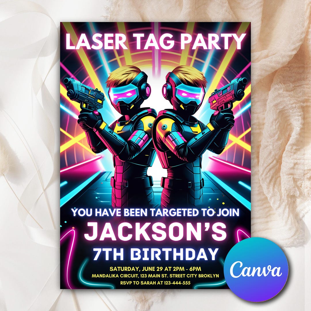 Laser Tag Birthday Invitation Template, Neon Glow, Green Blue Glow ...