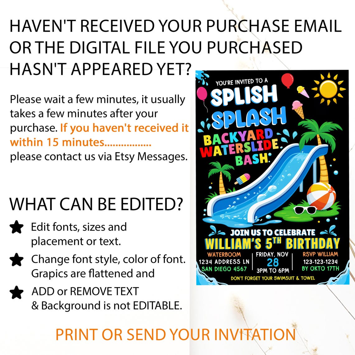 Water Slide Invitation, Water Slide Bash, Boy Girl Splash Party Invite ...