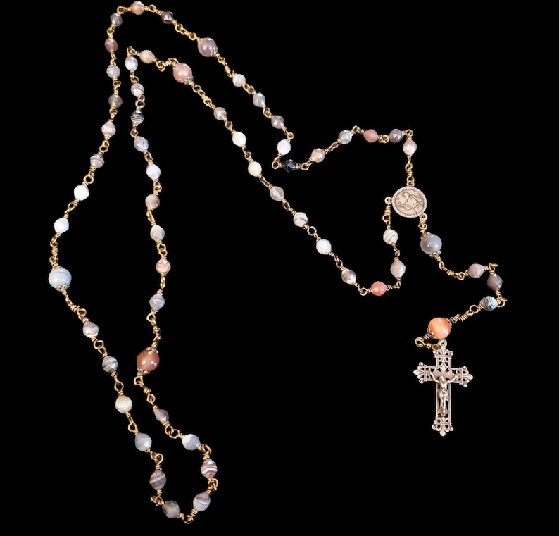 Wire Wrapped St. Francis Catholic Rosary Natural Striped Agate Bronze 5 ...