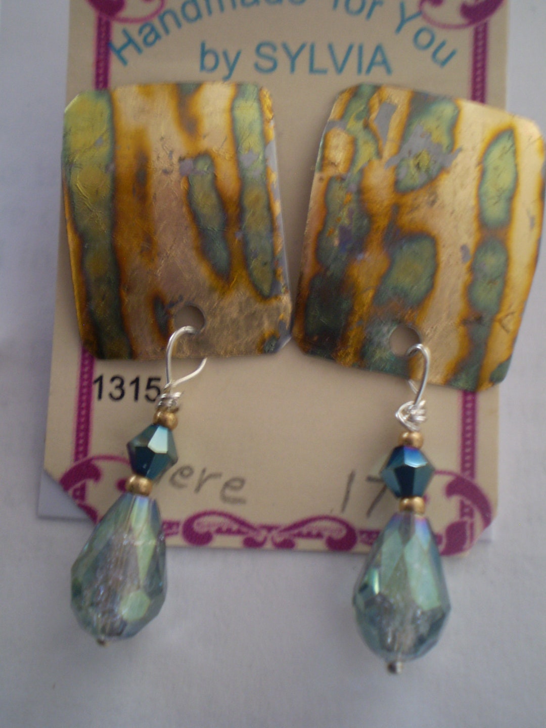 Varigated Brass Earrings W Crystal Drop. Post or Dangle-one of a Kind ...