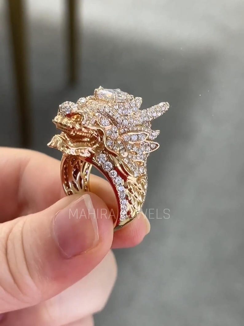 Handcrafted Dragon Ring Gold Mythical Creature Jewelry Simulated ...
