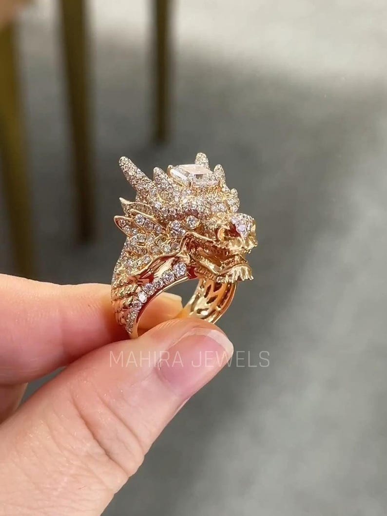Handcrafted Dragon Ring Gold Mythical Creature Jewelry Simulated ...