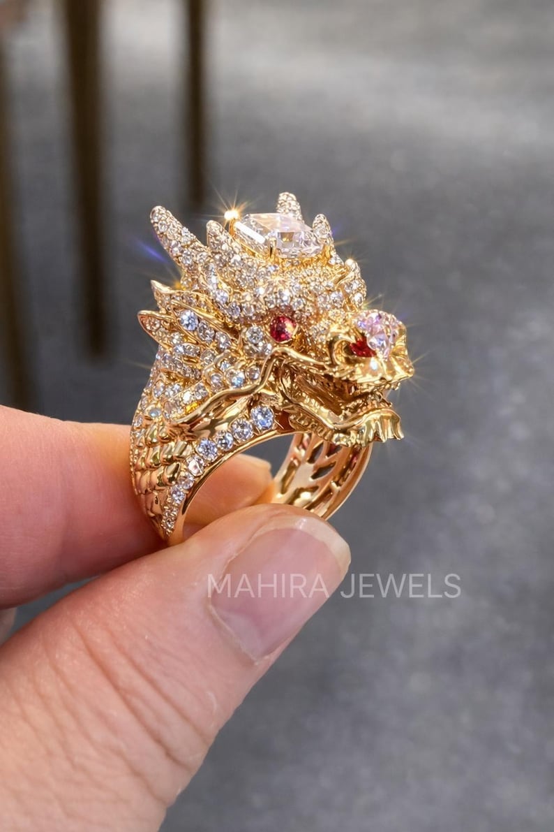 Handcrafted Dragon Ring Gold Mythical Creature Jewelry Simulated ...