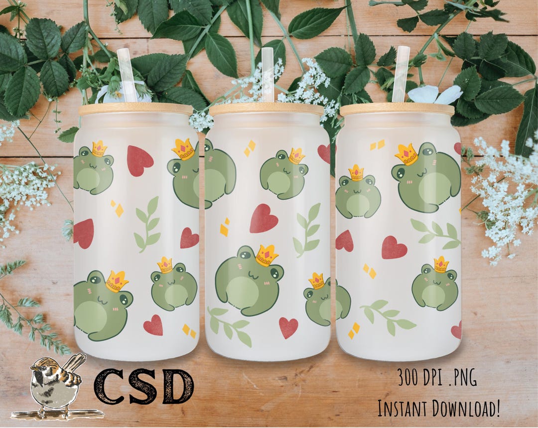 Kiss Me? Prince Charming Frog 16 Oz Glass Can Sublimation DTF Hand Drawn 300 DPI PNG Instant ...