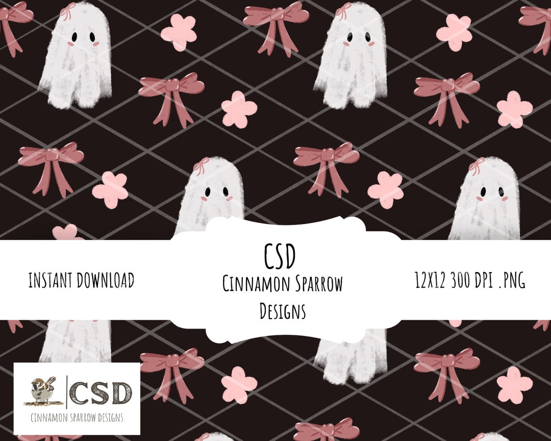 Coquette Ghosts Dark Background Seamless Pattern Hand Drawn Digital ...