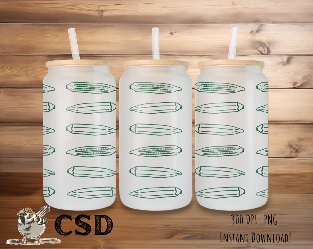 Okra Line Art and Full Color 2 16 Oz Glass Can Sublimation UVDTF Hand ...