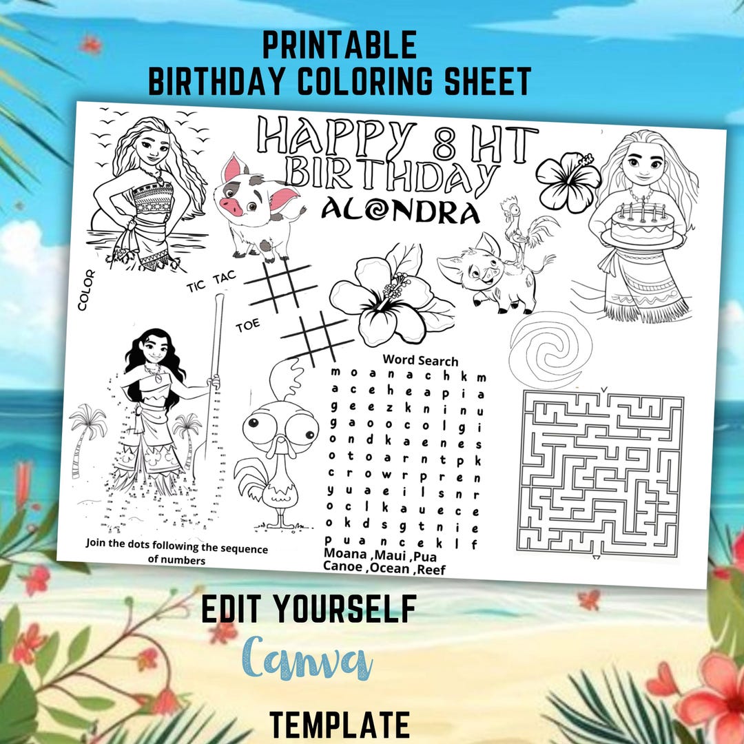 Personalized Moana Birthday Coloring Page, Party Favor (PDF) - Etsy UK
