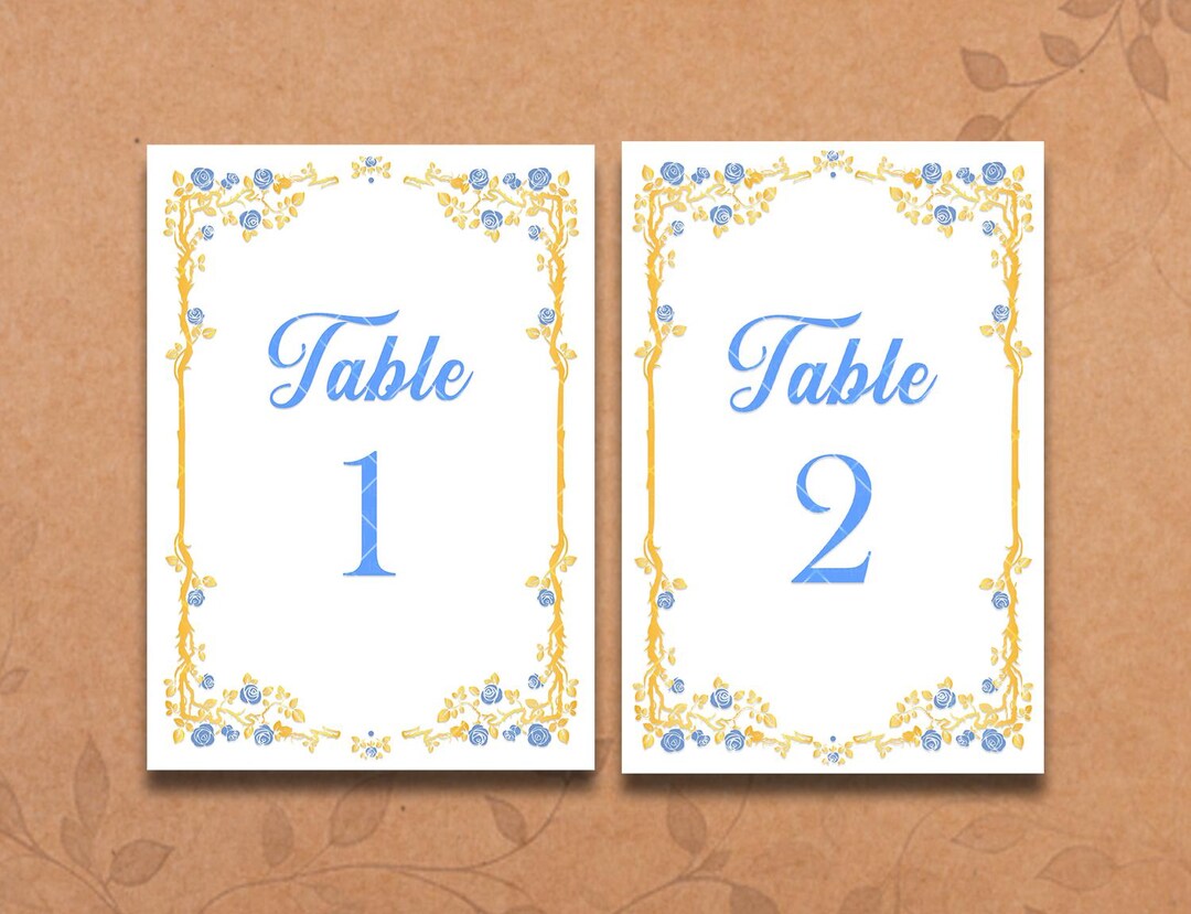 Beauty and the Beast Table Numbers: Blue Gold Fairy Tale Digital ...