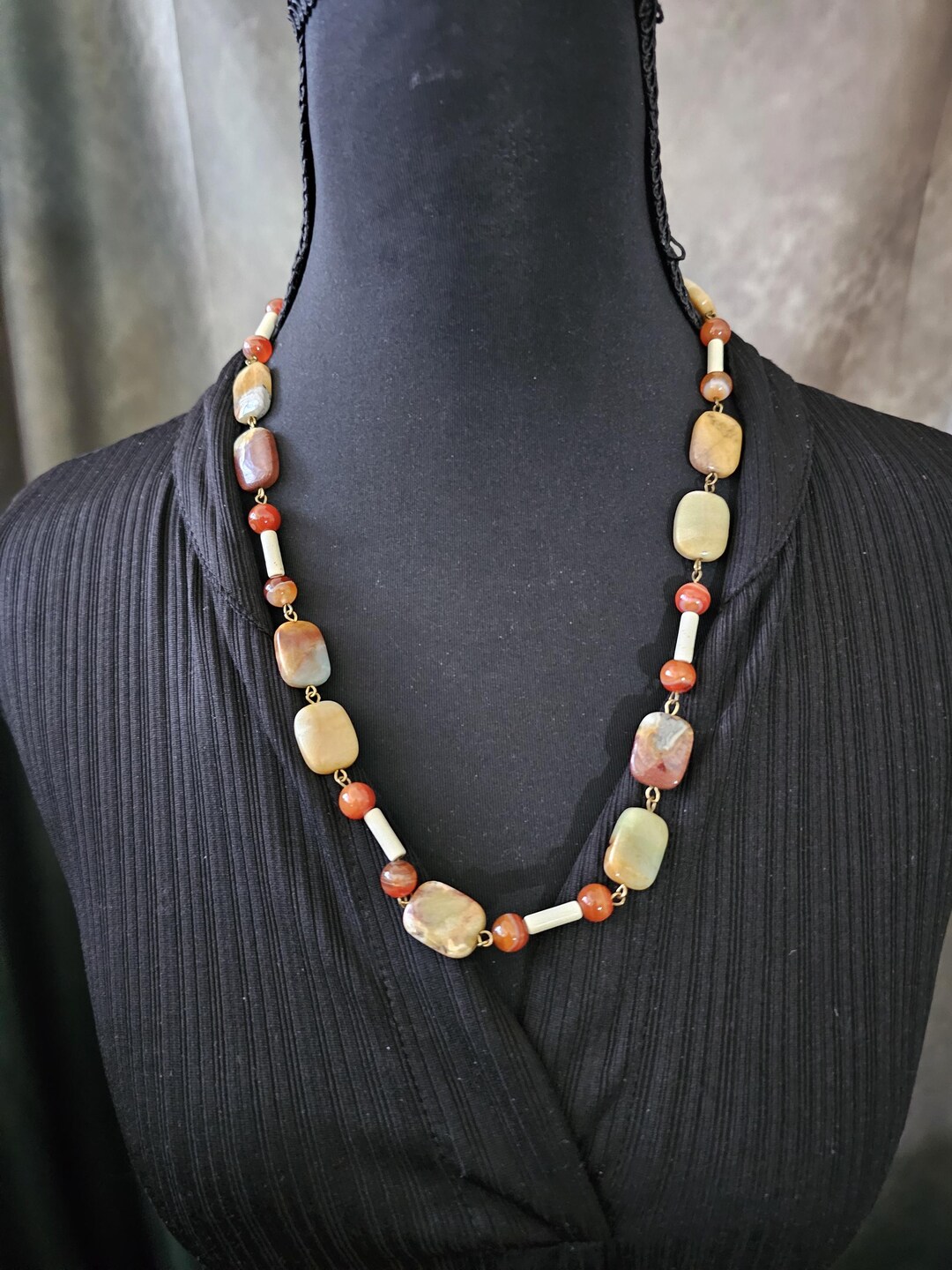 Vintage Mookaite Jasper Necklace: Red Agate Accents, Boho Beaded Strand ...