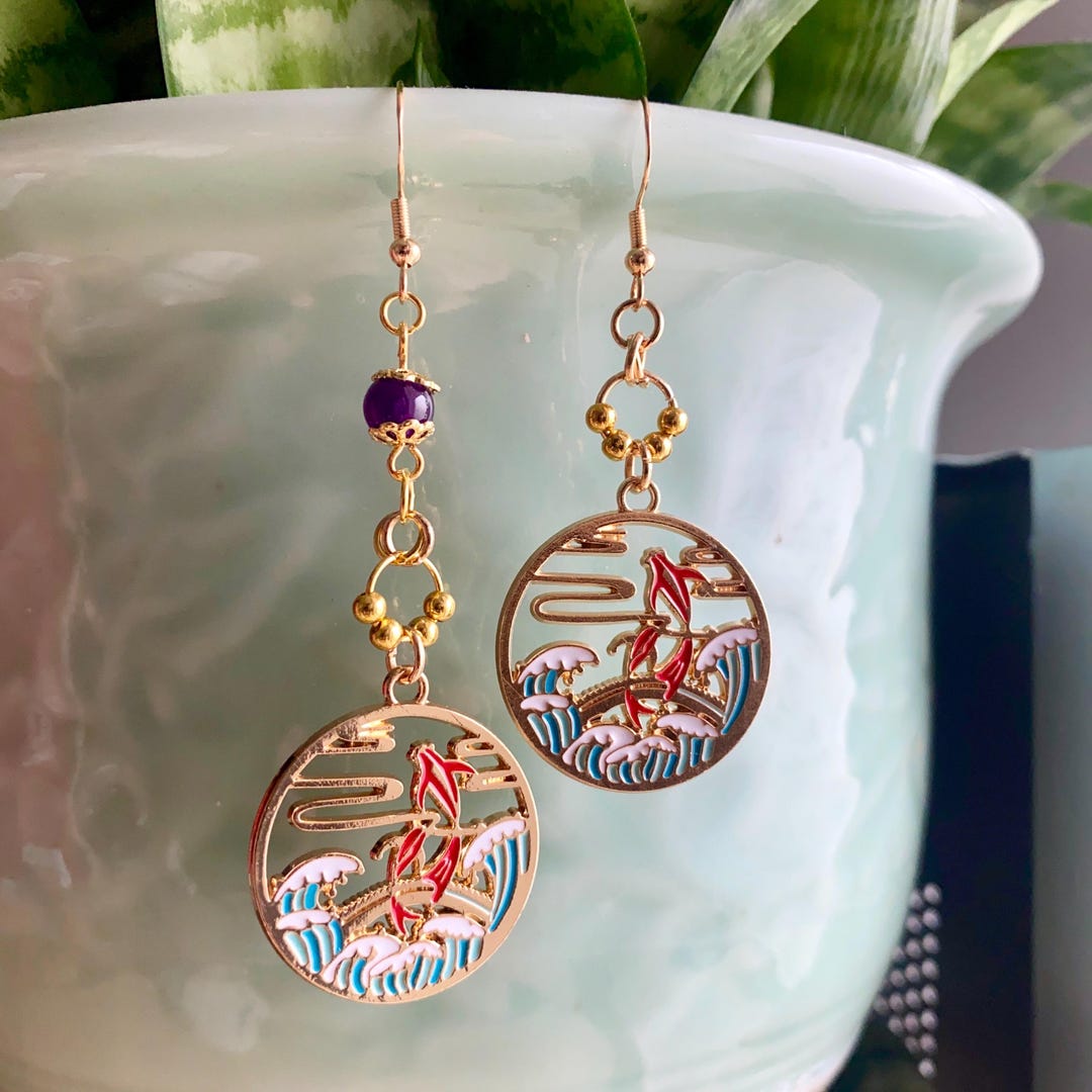 Enamel Lucky Koi Fish Dangle Earrings: Gold Tone Bridge, Waves ...