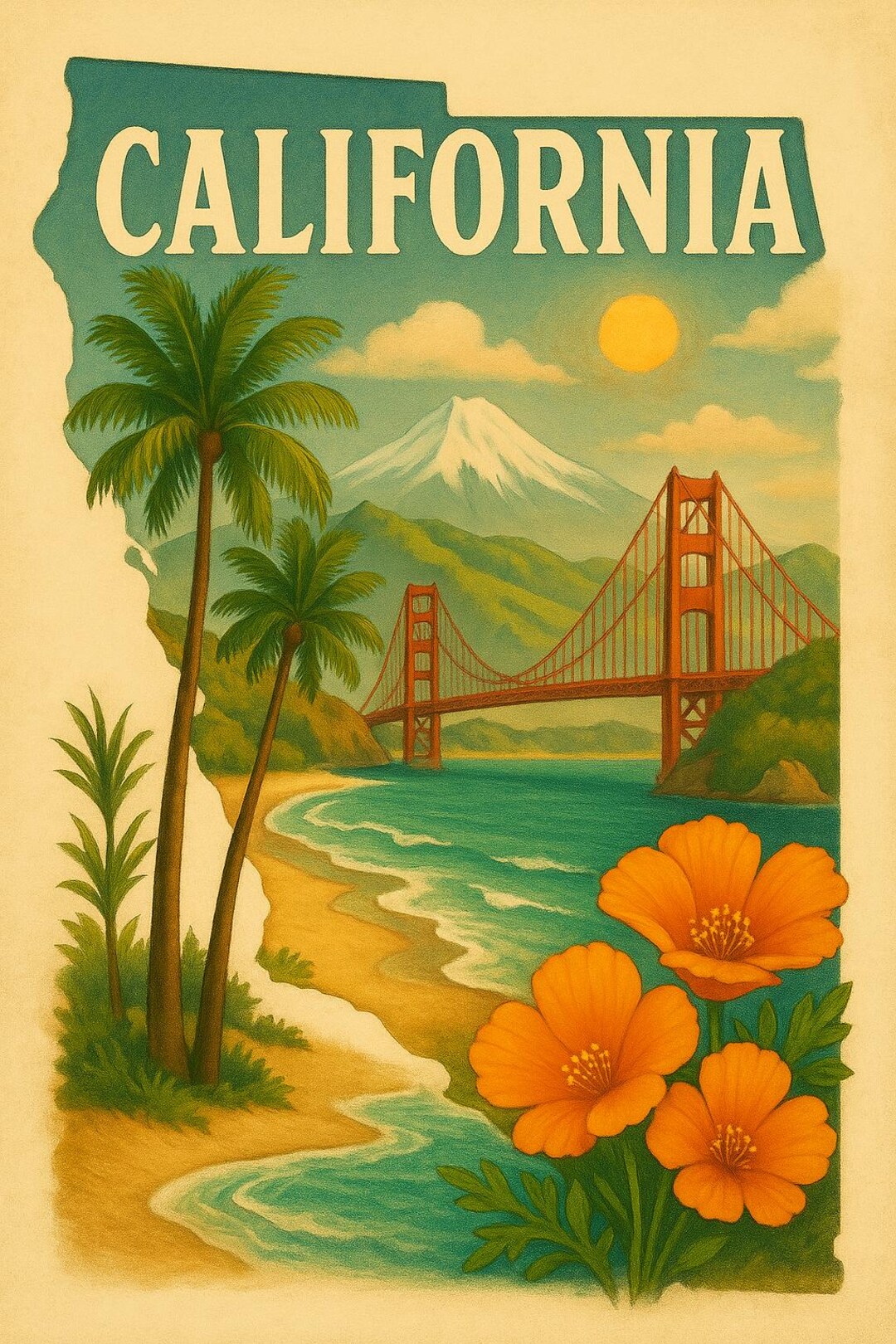 California State Art Print – Golden Gate, Coastline & Poppies – Vintage ...