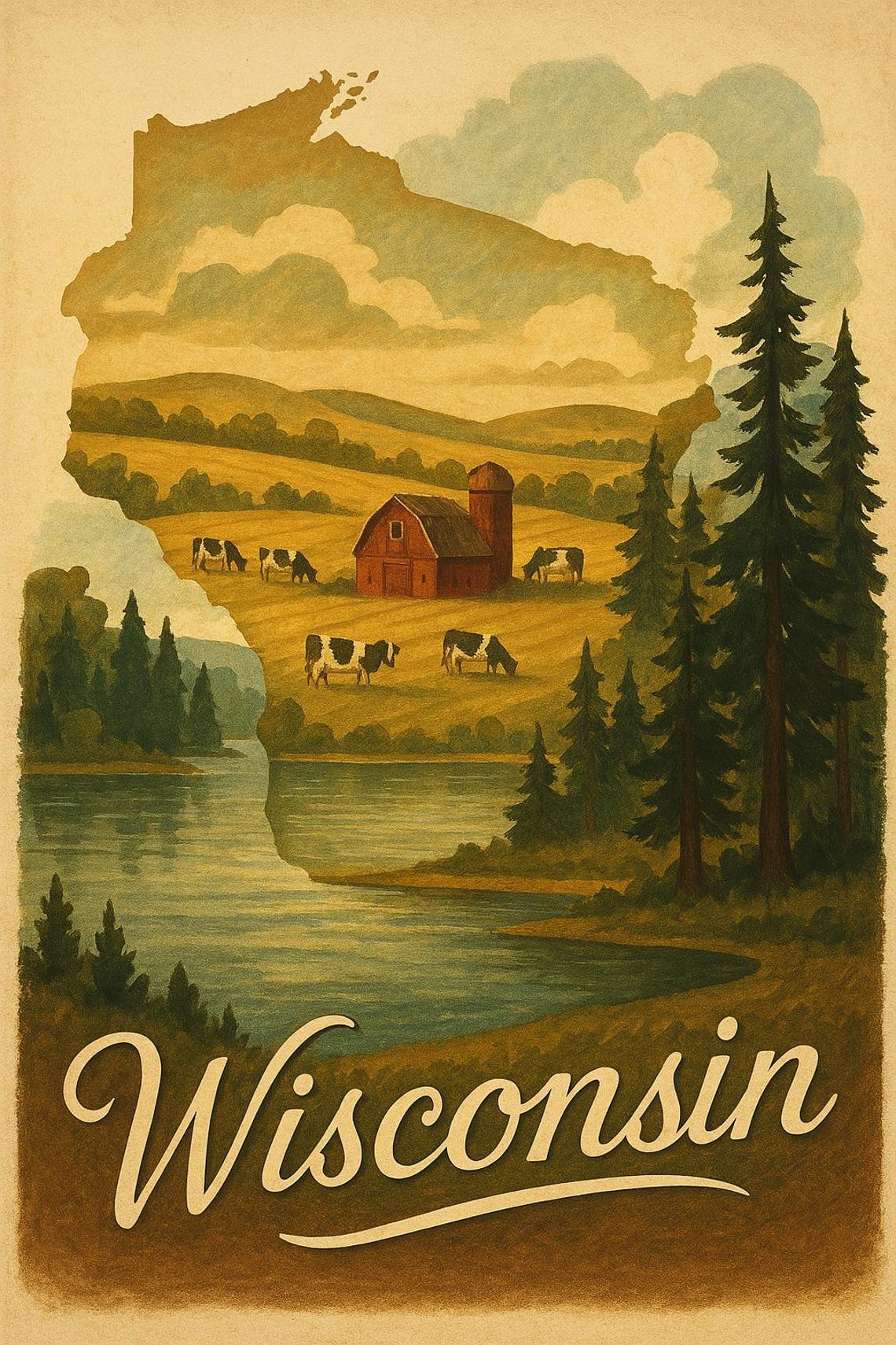 Vintage-inspired Wisconsin State Art Print – Rustic Farm & Nature Scene ...