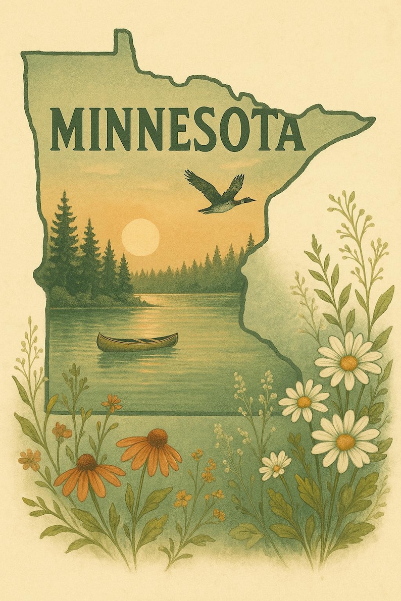 Vintage-inspired Minnesota State Art Print – Lakeside Sunset ...