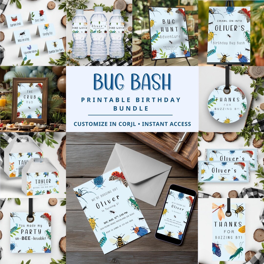 Bug Birthday Party Printable Bundle | Editable Bug Bash Corjl Digital ...