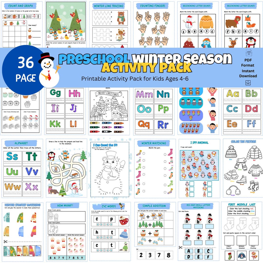 Preschool Winter Activity Pack Printable Worksheets for Ages 4-6 PDF - Etsy