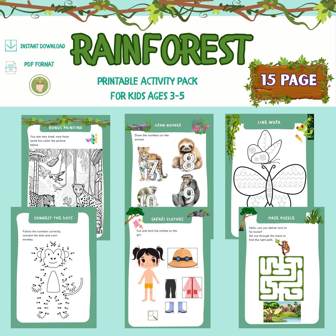 Rainforest Preschool Activity Pack 15 Printable Pages Counting, Tracing ...