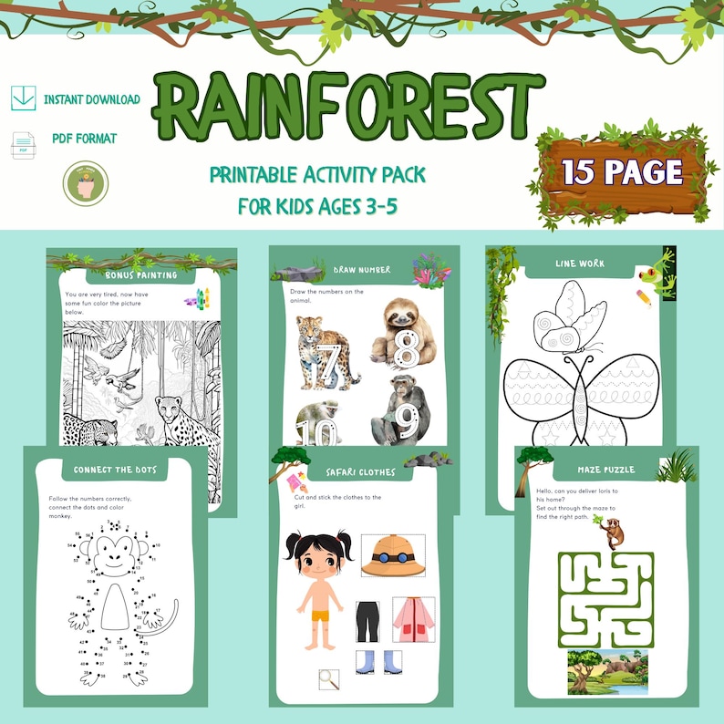 Rainforest Preschool Activity Pack 15 Printable Pages Counting, Tracing ...