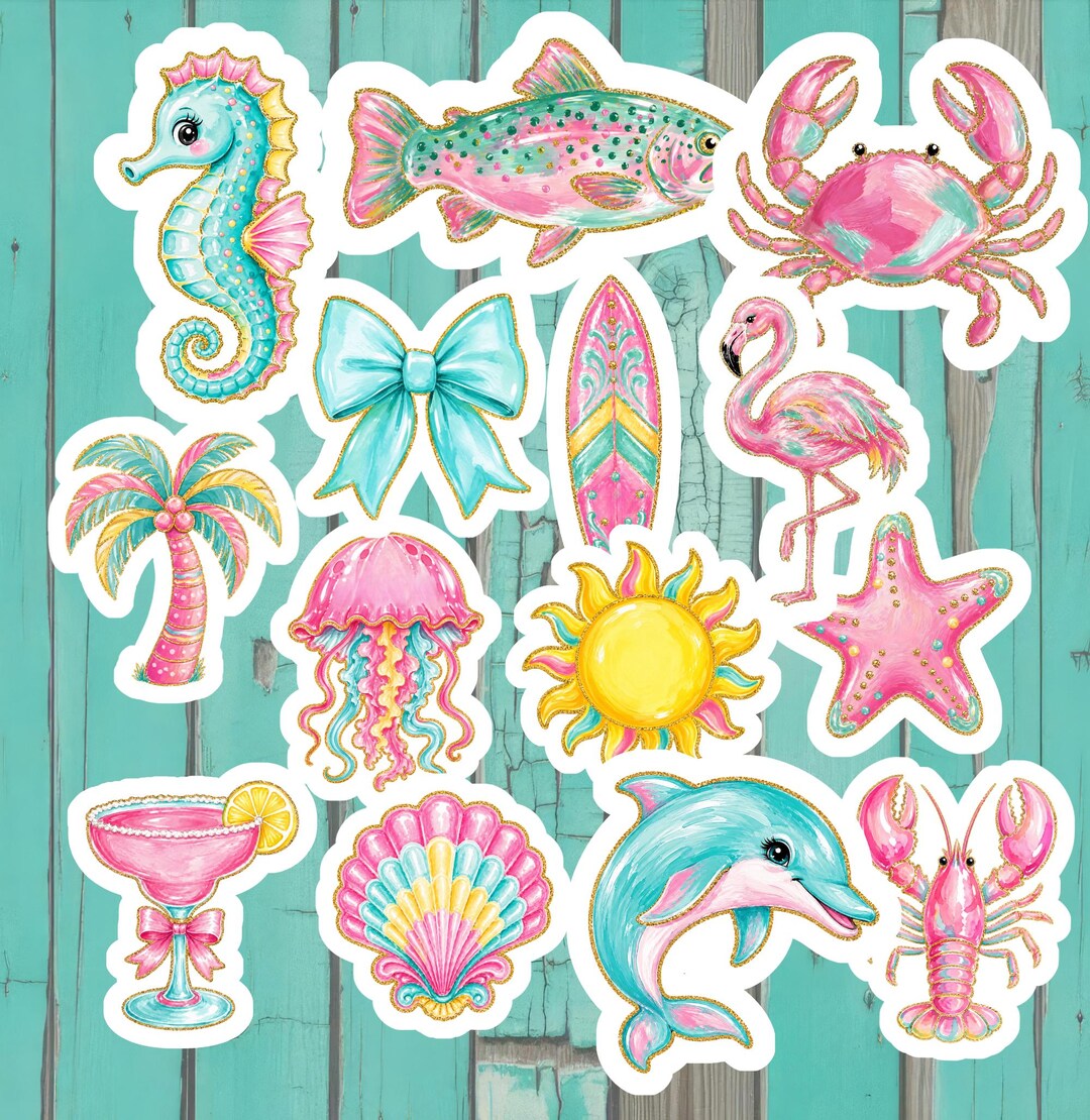 Preppy Coastal Summer Stickers (14 Stickers Included), Easy Peel ...