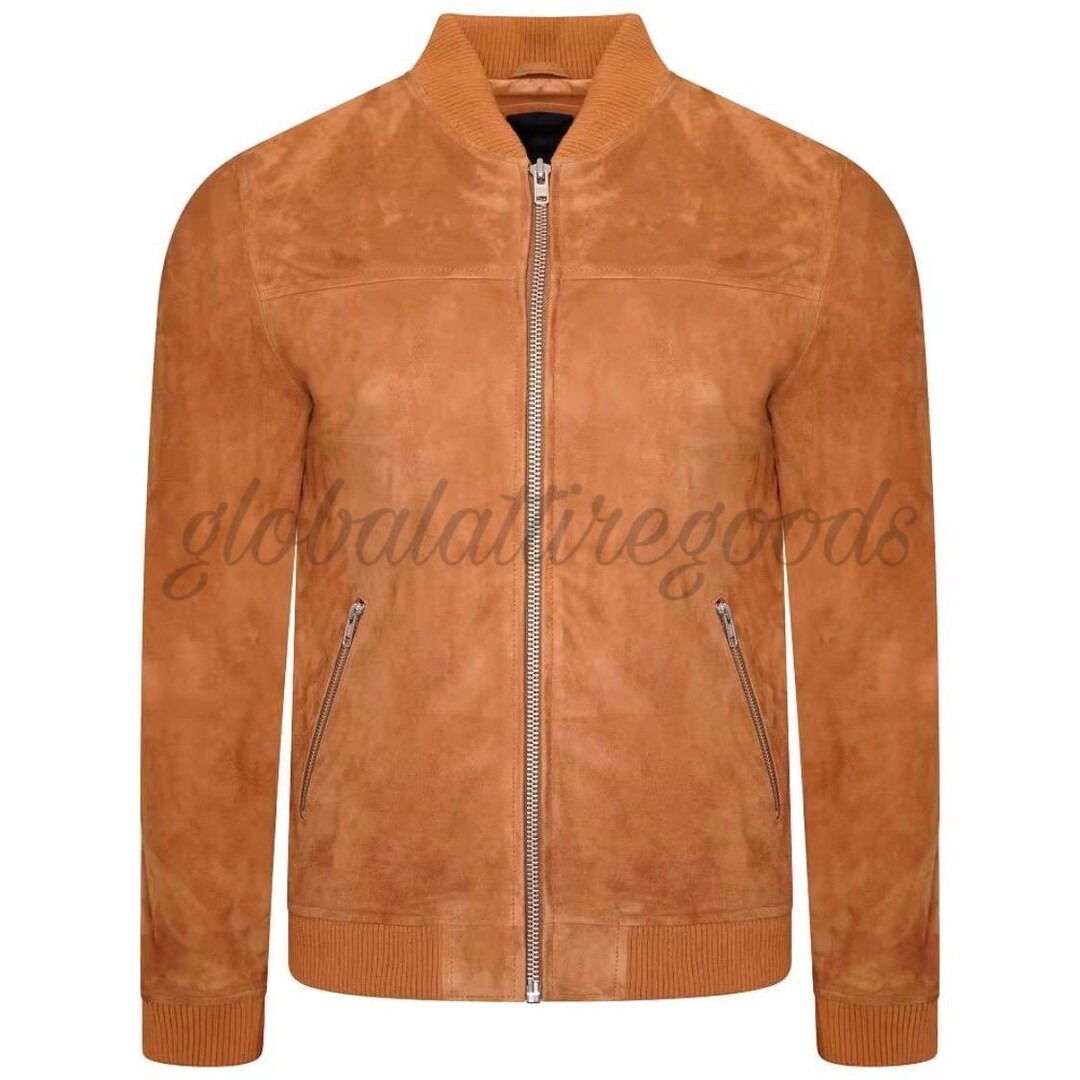 Men's Goatskin Suede Leather Bomber Jacket Light Tan Brown | Handmade ...
