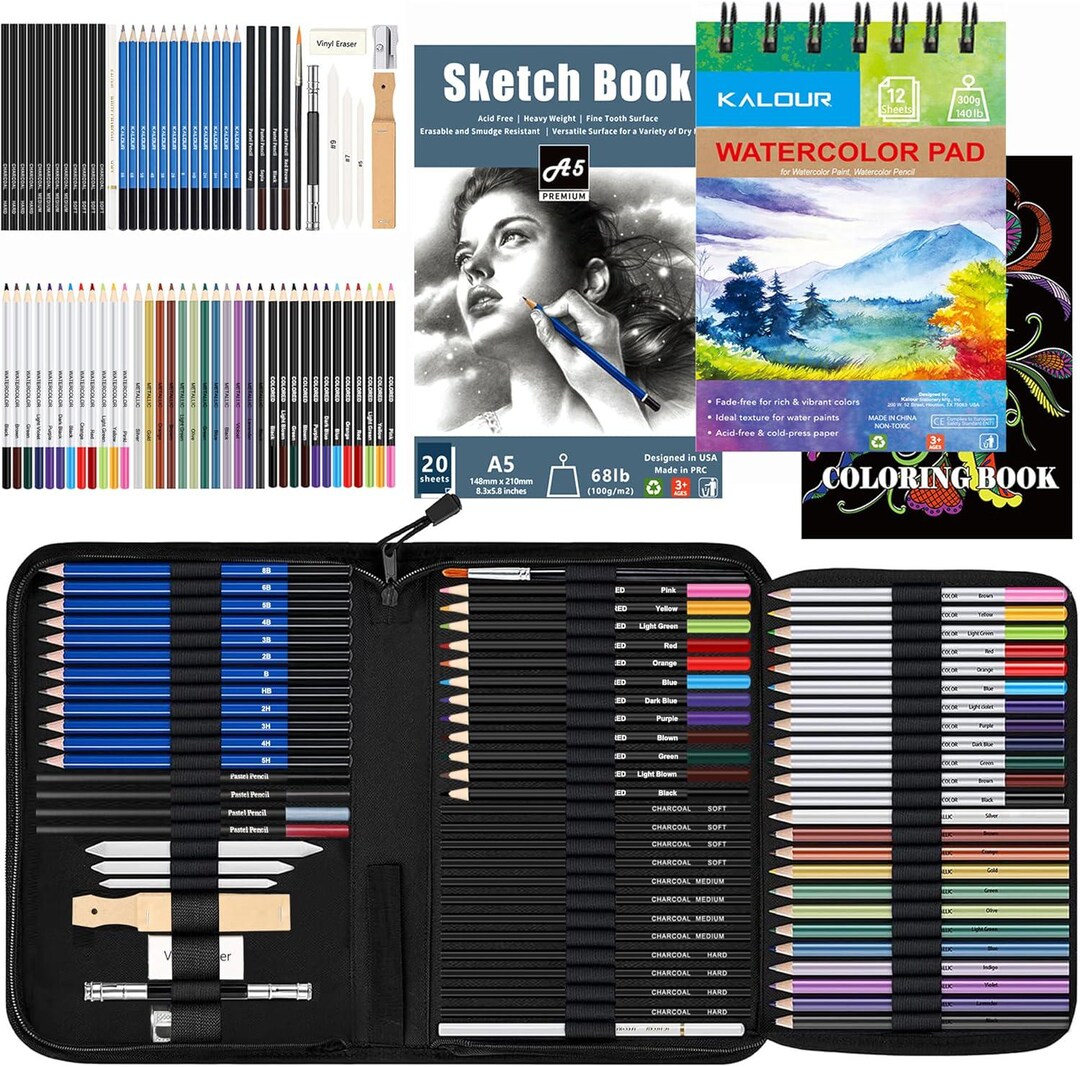 76 Pack Drawing Set Sketching Kit, Pro Art Supplies With 3-color Sketchbook, Colored, Graphite ...