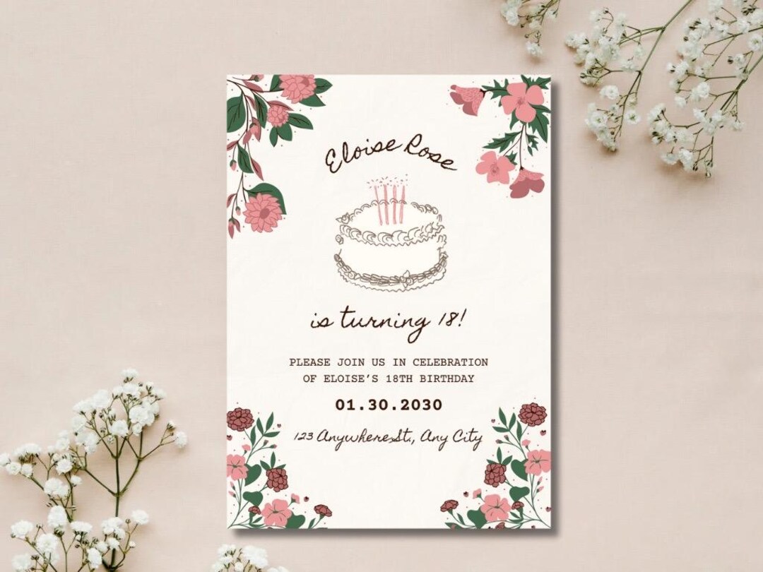 Editable Birthday Invitation 18 Birthday Simple Floral Elegant Design ...