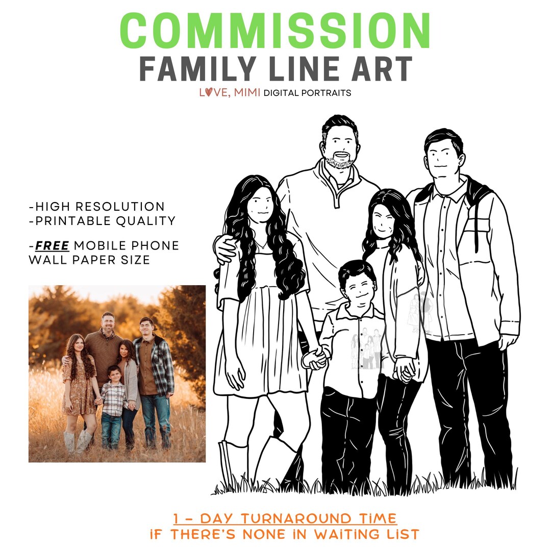 Custom Family Portrait Line Art, Minimalist Illustration (digital ...