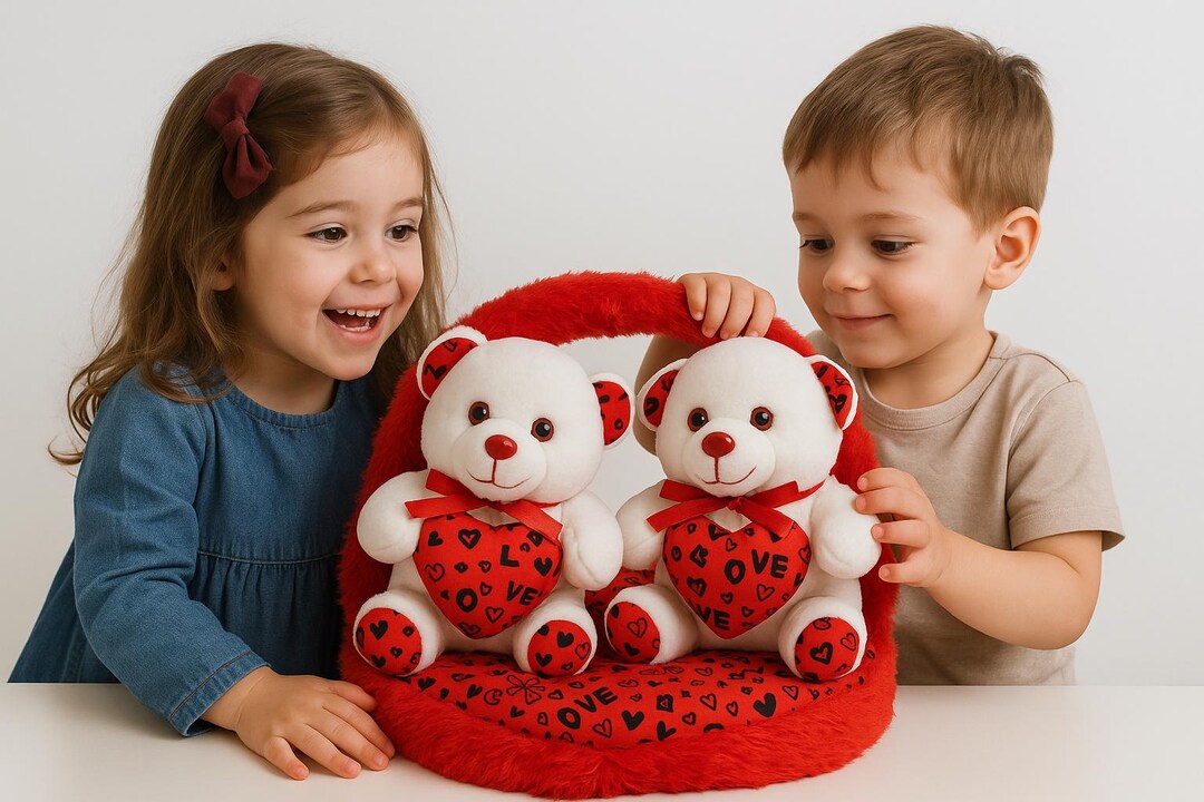 Twin Teddy Bear Plush Set With Red Love Heart – Adorable Gift for Kids ...