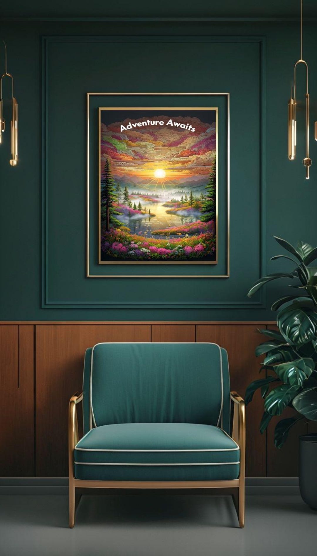 Adventure Awaits Motivational Wall Art | Sunset Forest Landscape ...