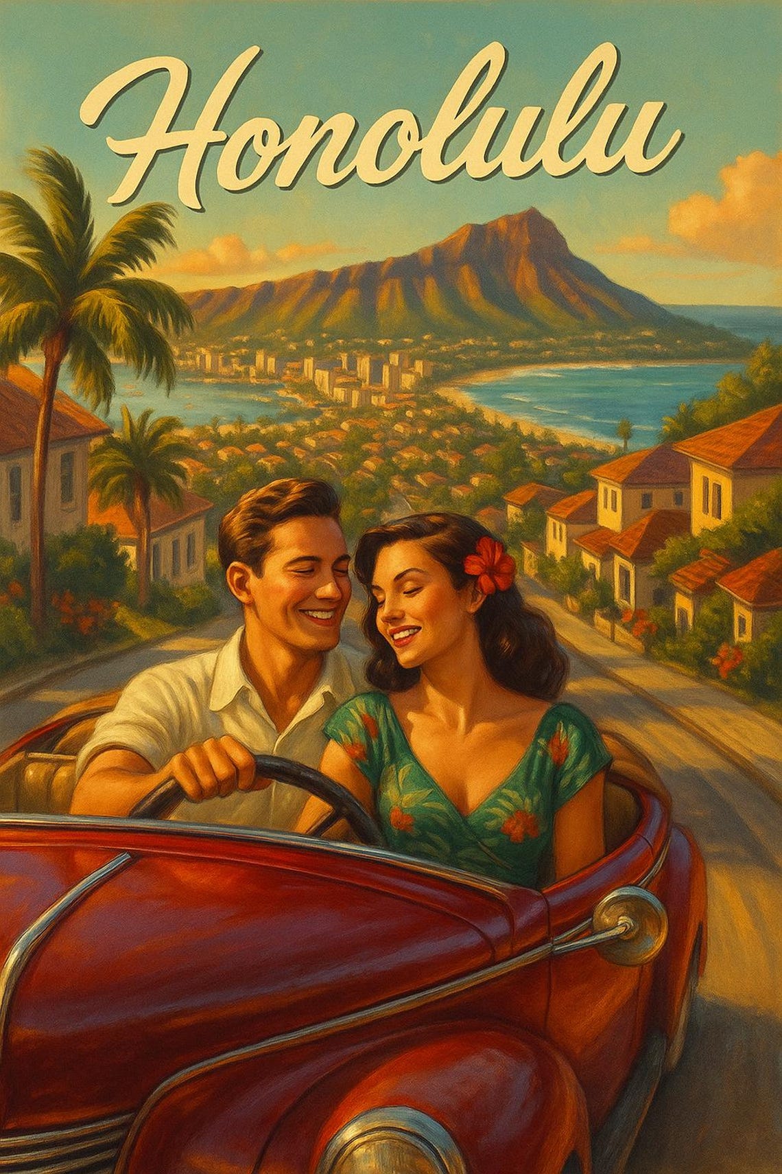 Honolulu Hawaii Vintage Travel Poster | Tropical Sunset Wall Art ...