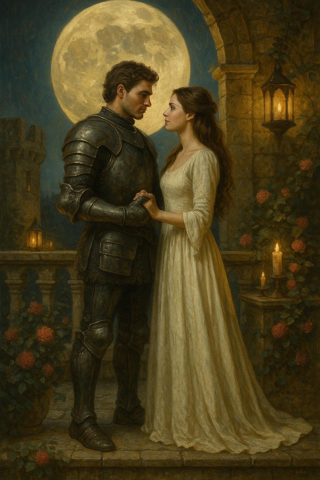 Medieval Romance Poster - Knight and Lady Under Moonlight - Romantic Castle Balcony Art Print ...