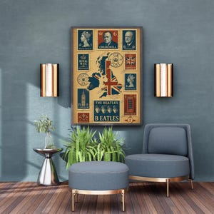 Vintage UK Postage Stamp Collage | British Map Wall Art | Retro Royal ...