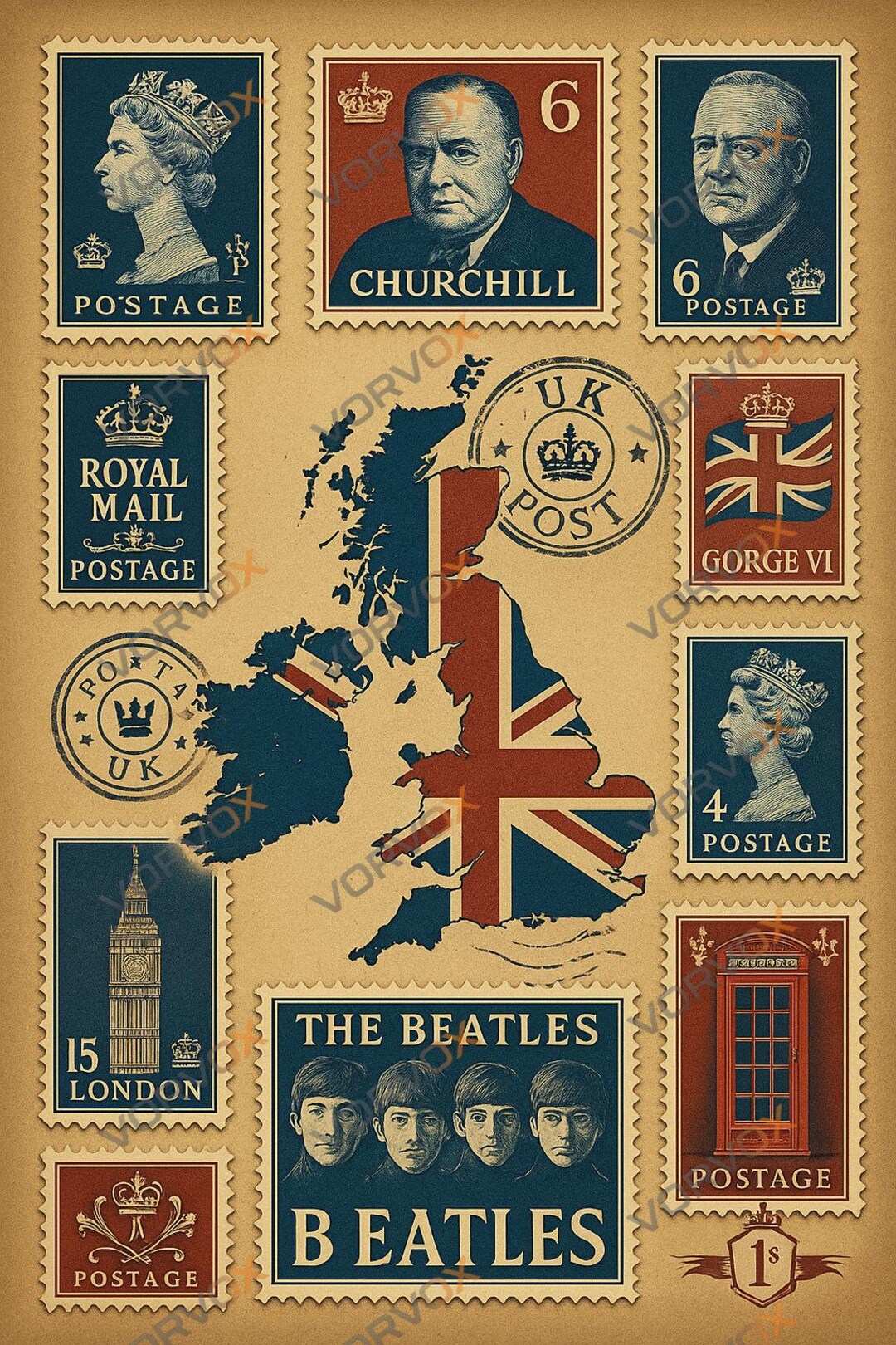 Vintage UK Postage Stamp Collage | British Map Wall Art | Retro Royal ...