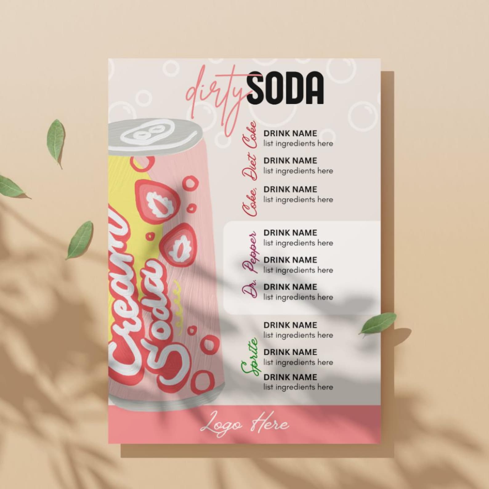 Dirty Soda Menu Template | Editable Canva Template | Soda Bar Printable ...