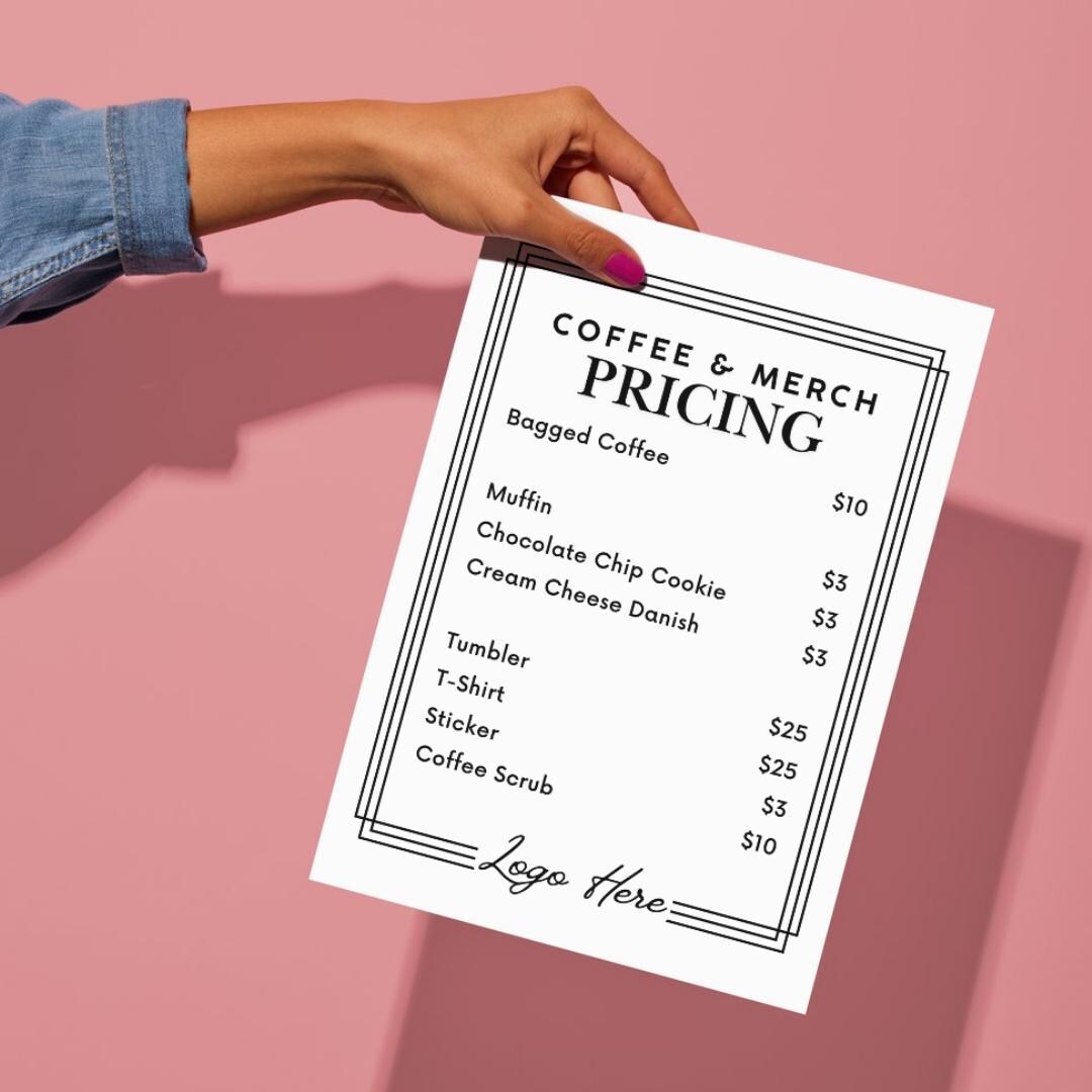 Merchandise Menu Price Sheet for Cafe, Coffee Shop, Mobile Drink ...