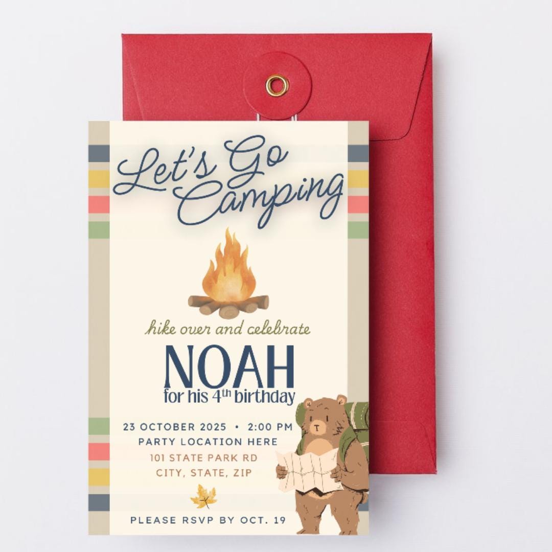 Camping Birthday Invitation Canva Template With Vintage Camp Blanket ...